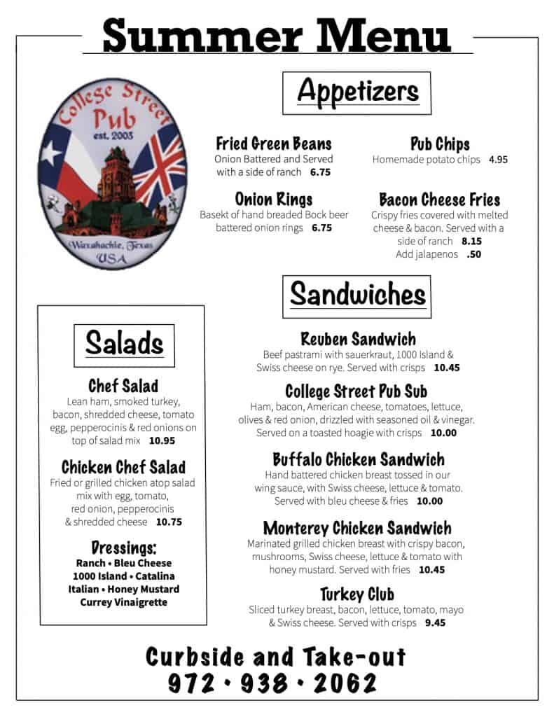 pubsummermenu - College Street Pub